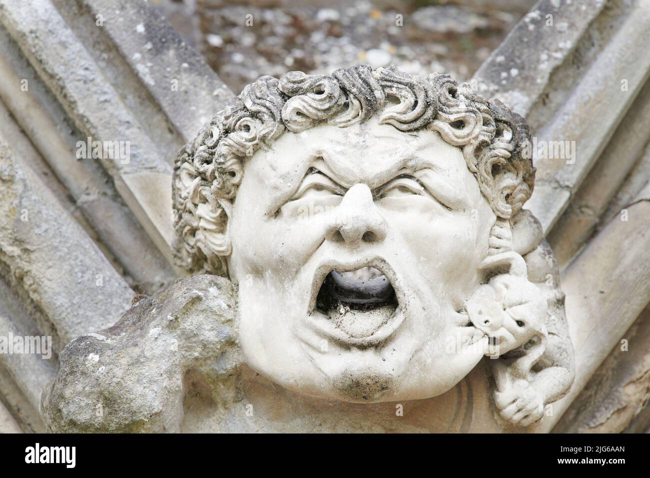 Stone carved gargoyle, a grotesque water spout head on the guttering of ...