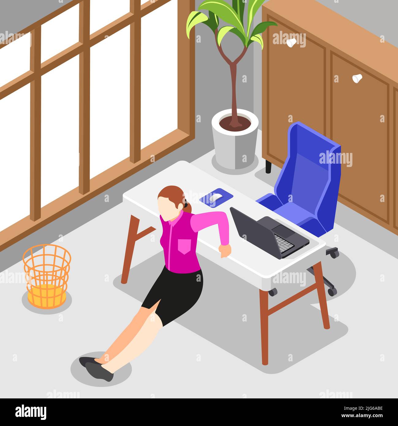 Work pause isometric background with female person stretching body near ...