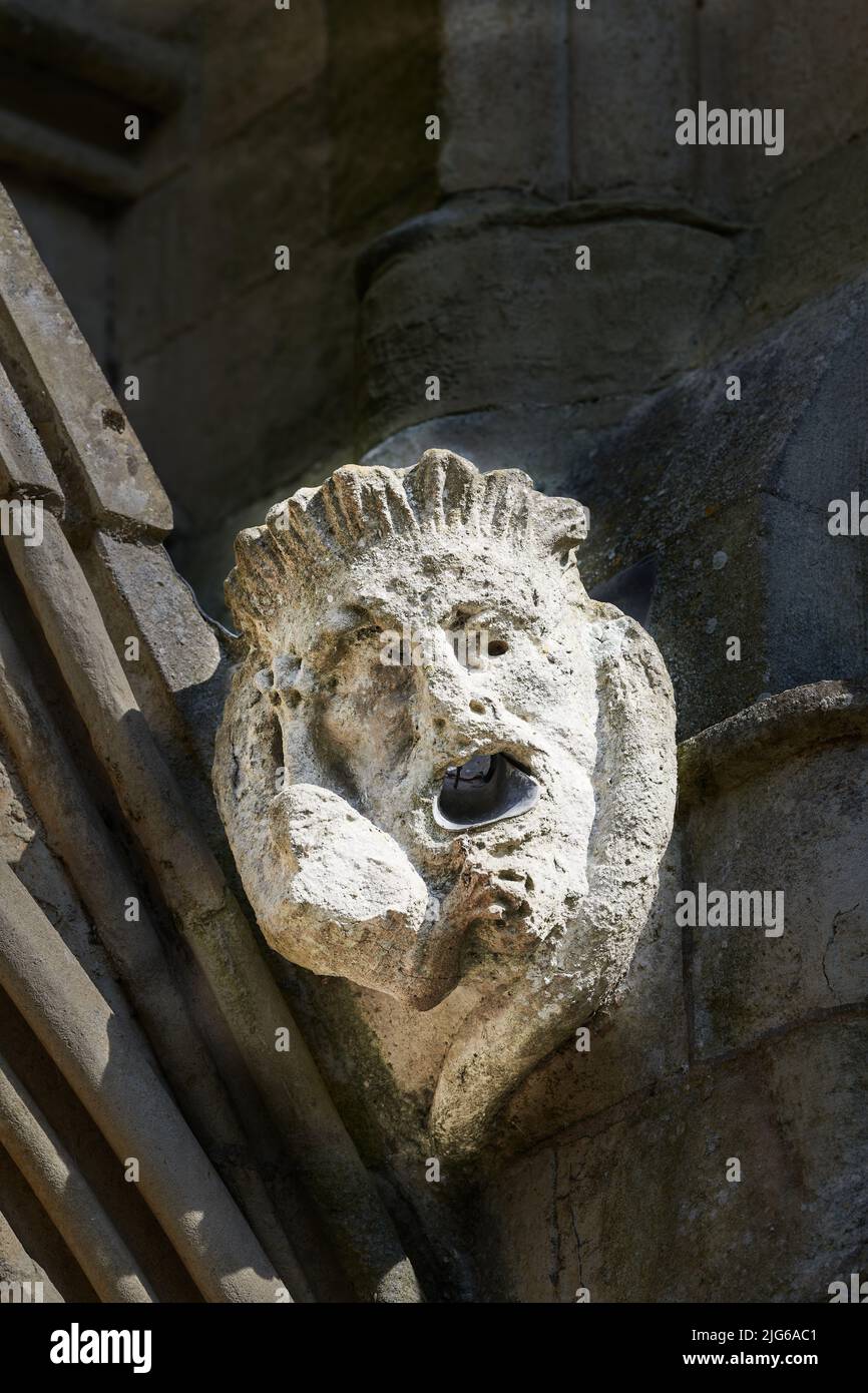 Stone carved gargoyle, a grotesque water spout head on the guttering of ...