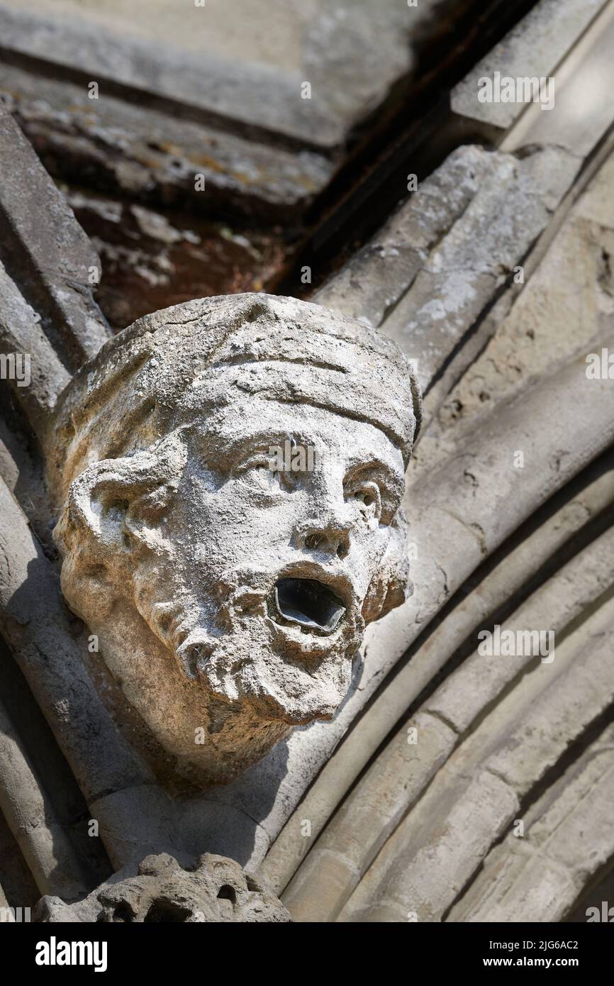 Stone carved gargoyle, a grotesque water spout head on the guttering of ...