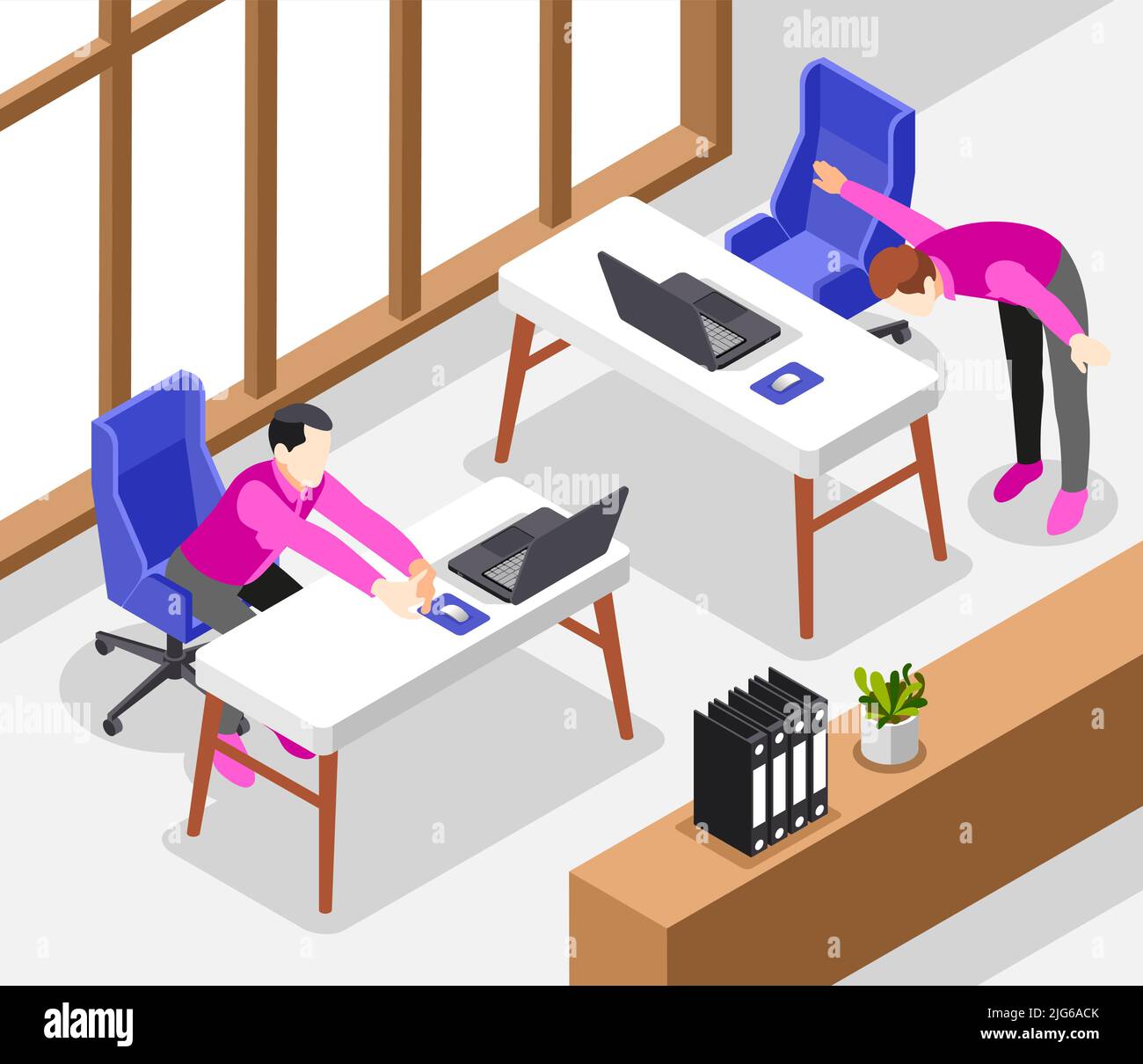 Office stretches isometric background with two male character doing ...
