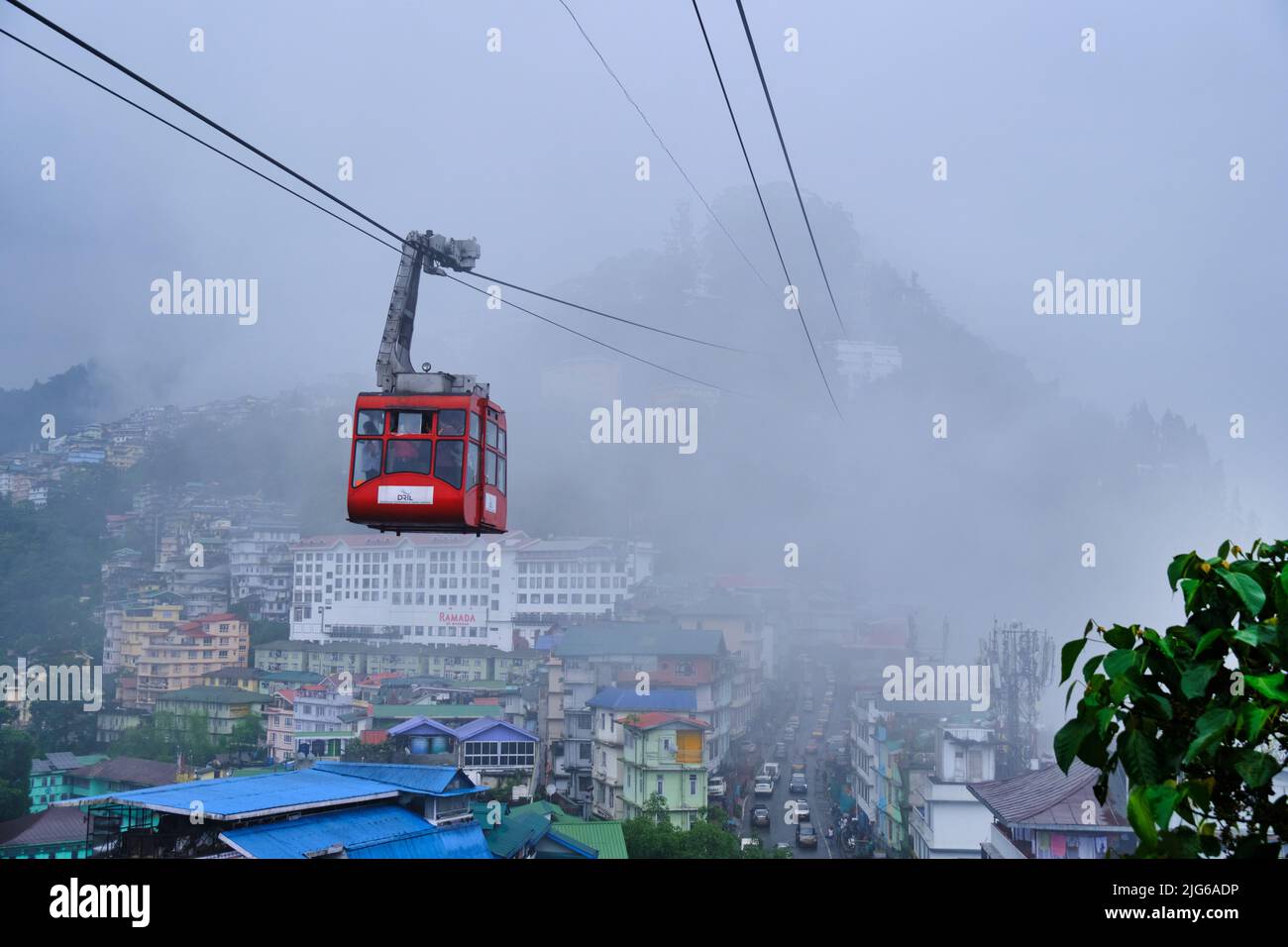 Gangtok, Sikkim - June 16 2022, Tourists enjoy a ropeway cable car ride ...