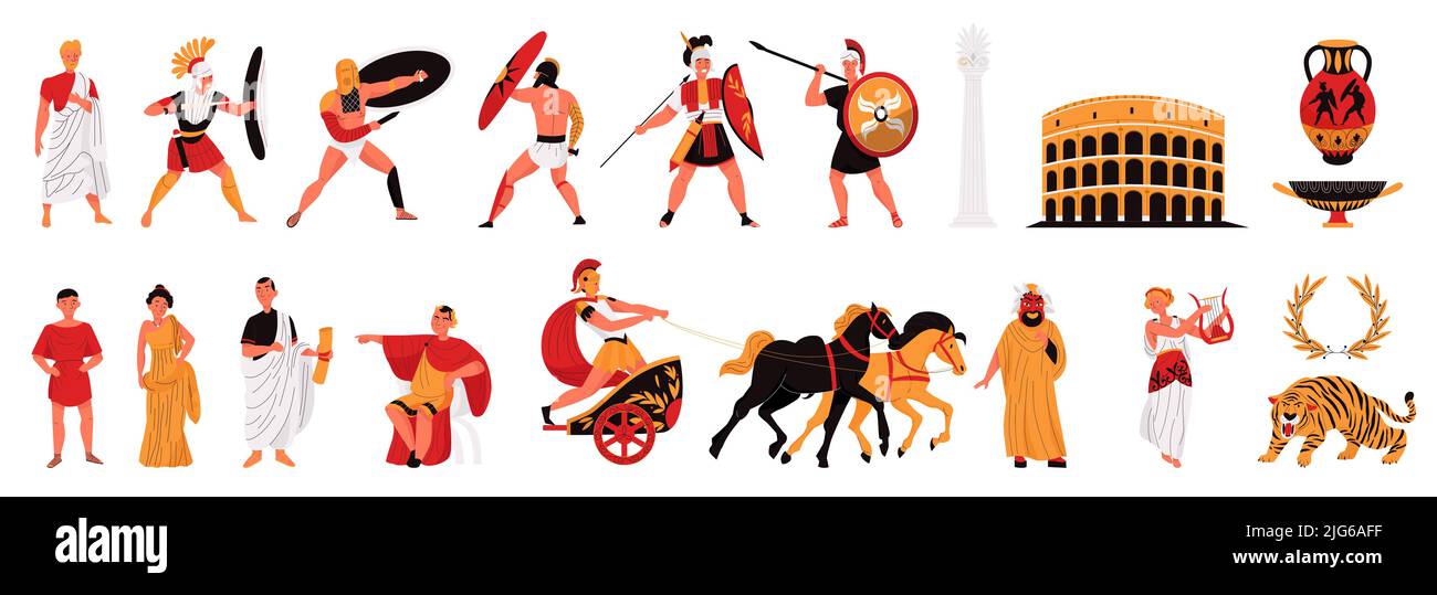 Flat color set with ancient roman people gladiators colosseum tiger ...