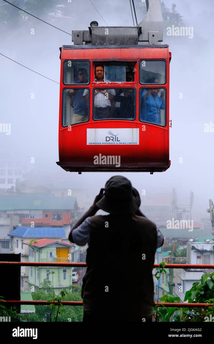 Gangtok, Sikkim - June 16 2022, Tourists enjoy a ropeway cable car ride ...