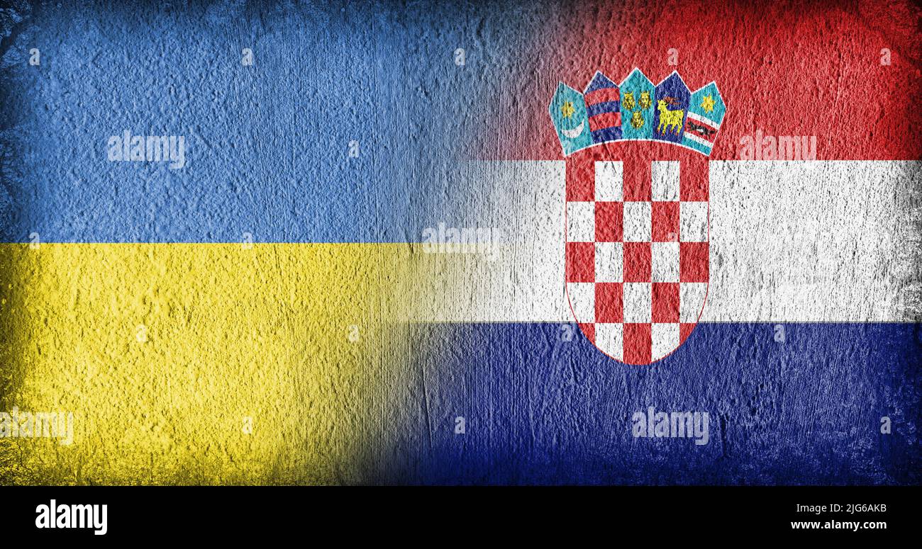 Ukrainian and Croatian flag on concrete, divided in the middle Stock ...