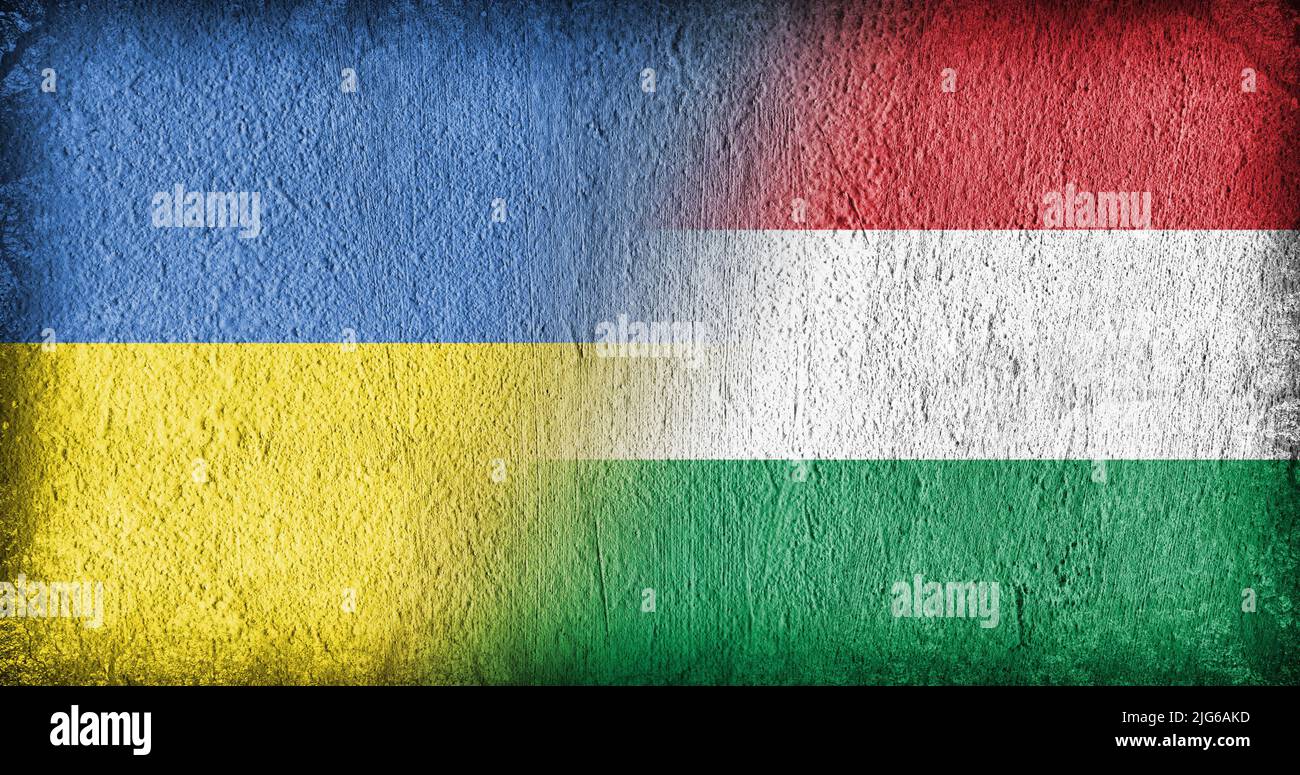 Ukrainian and Hungarian flag on concrete, divided in the middle Stock ...