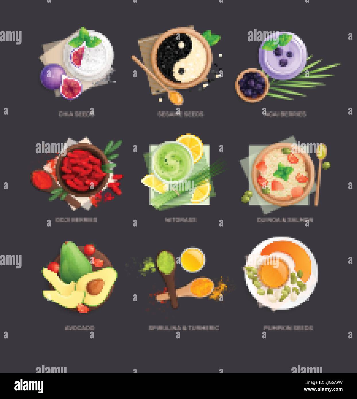 Superfood flat set of isolated top view images of gourmet dishes with ...