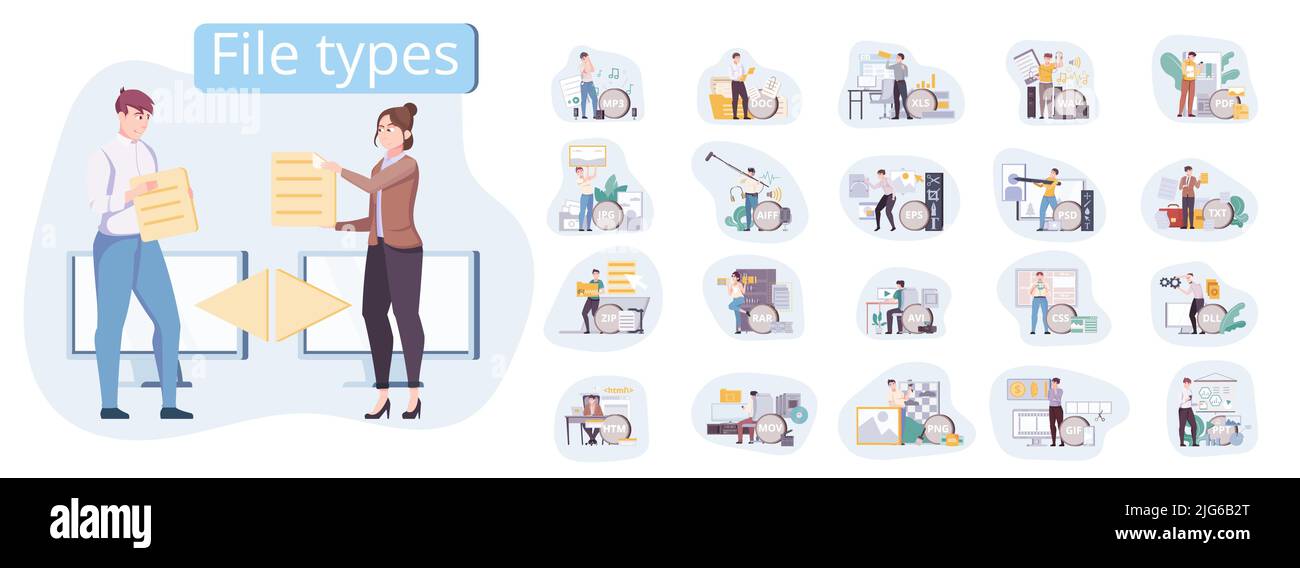 Set of isolated file compositions with flat images of people at working ...