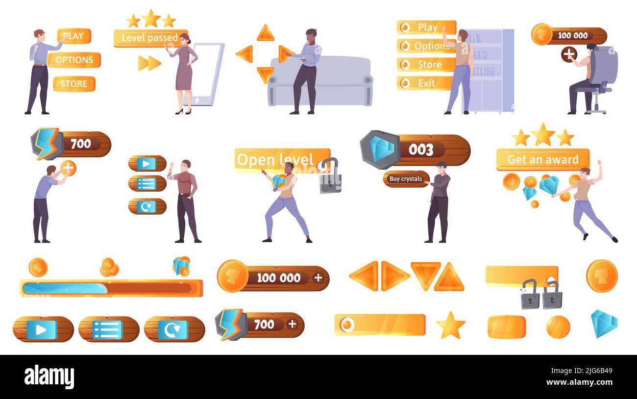 Game buttons and bars set with progress money and score navigation ...
