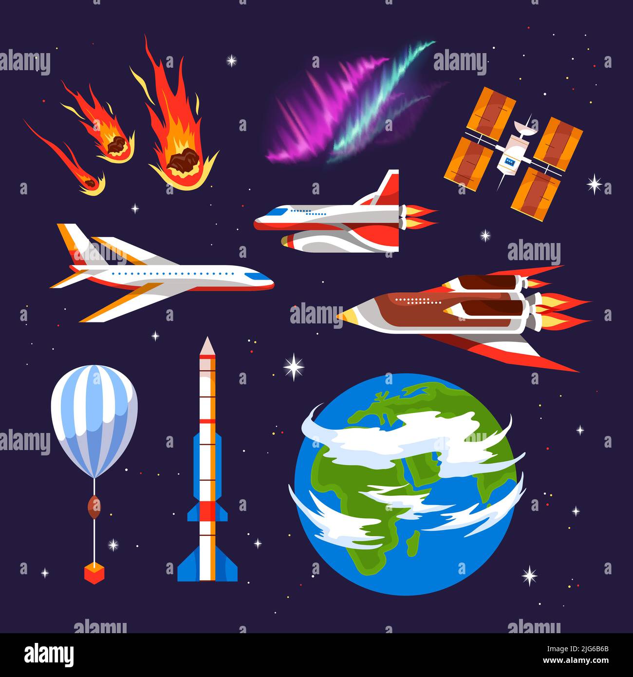 Earth atmosphere colored and isolated icon set with meteorites earth ...