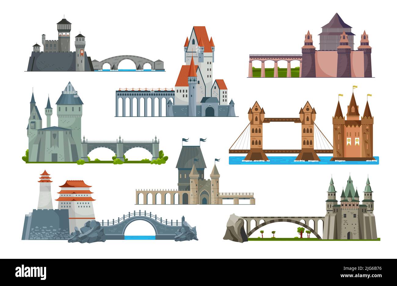 Bridges castle icon set with bridges serving as road to castle and for ...