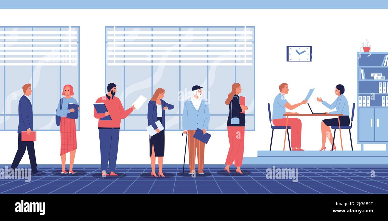 Queue documents composition with office indoor scenery and people ...