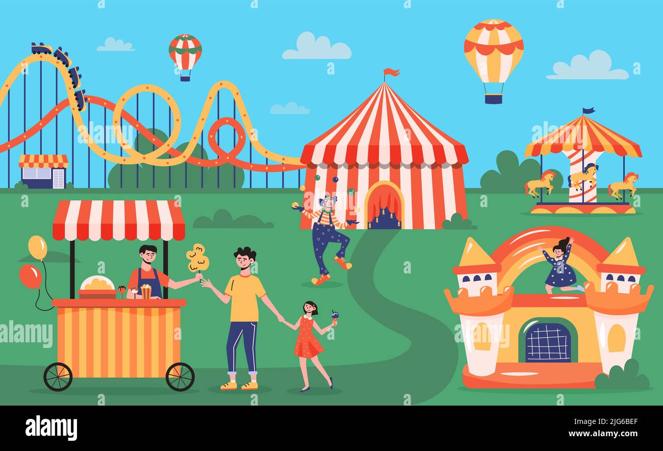 Amusement park composition with outdoor landscape and flying air ...
