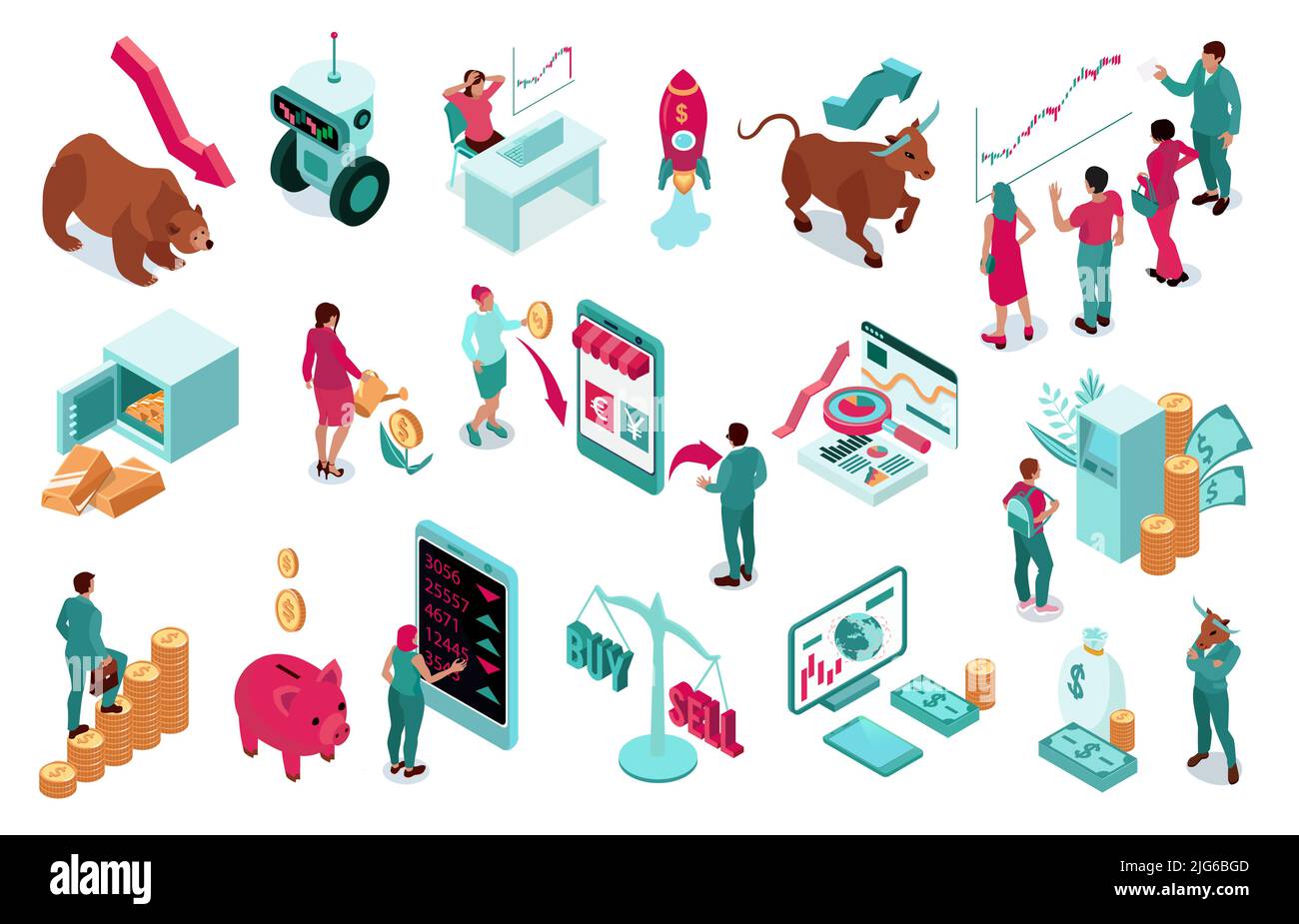 Financial market investment sector symbols isometric set with stock ...