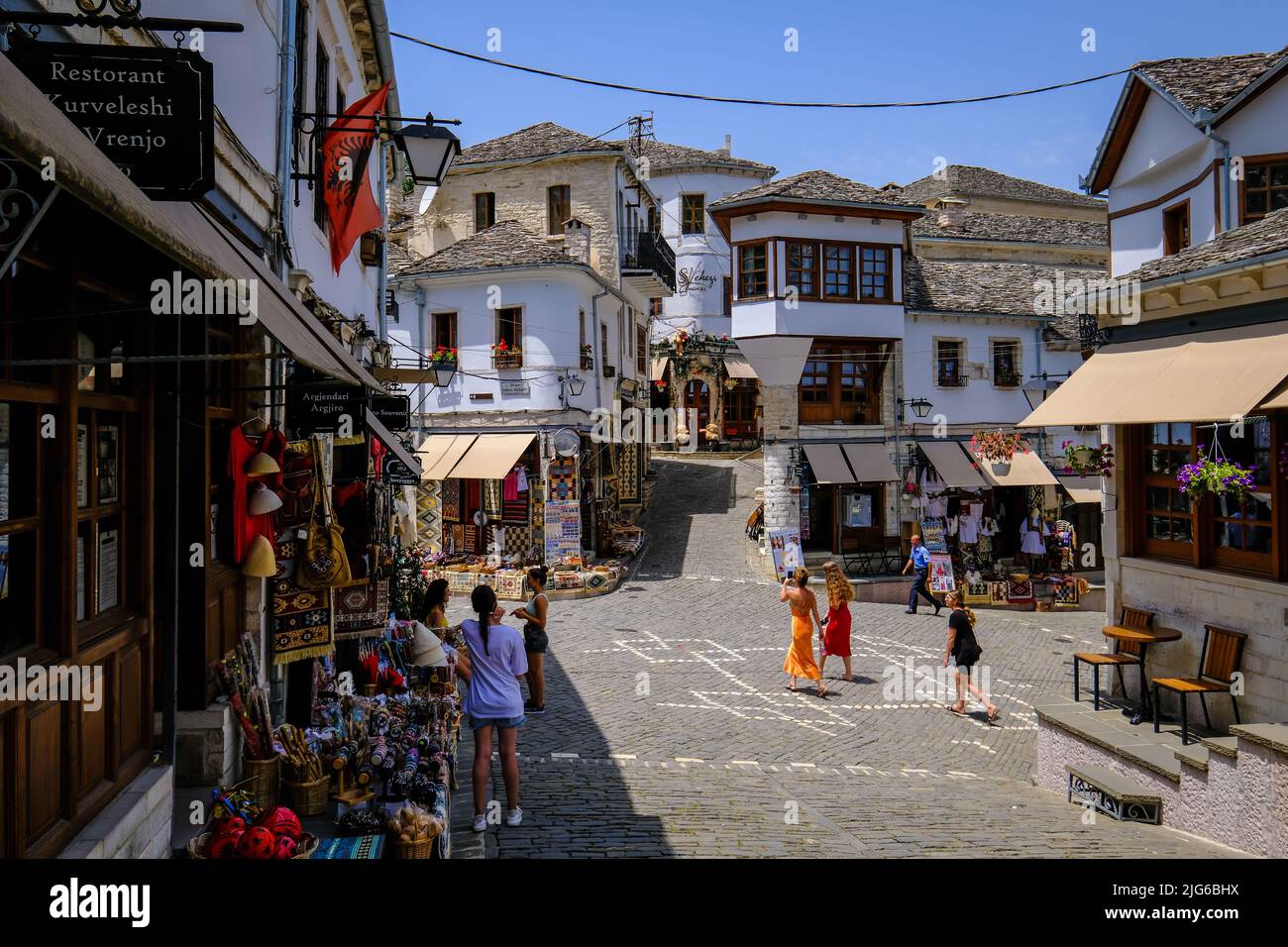 City of Gjirokastra, Gjirokastra, Albania - Tourists visit the historic ...