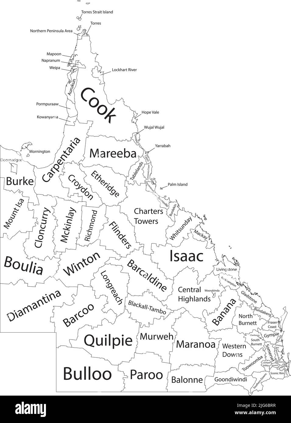 White tagged map of local government areas of QUEENSLAND, AUSTRALIA ...