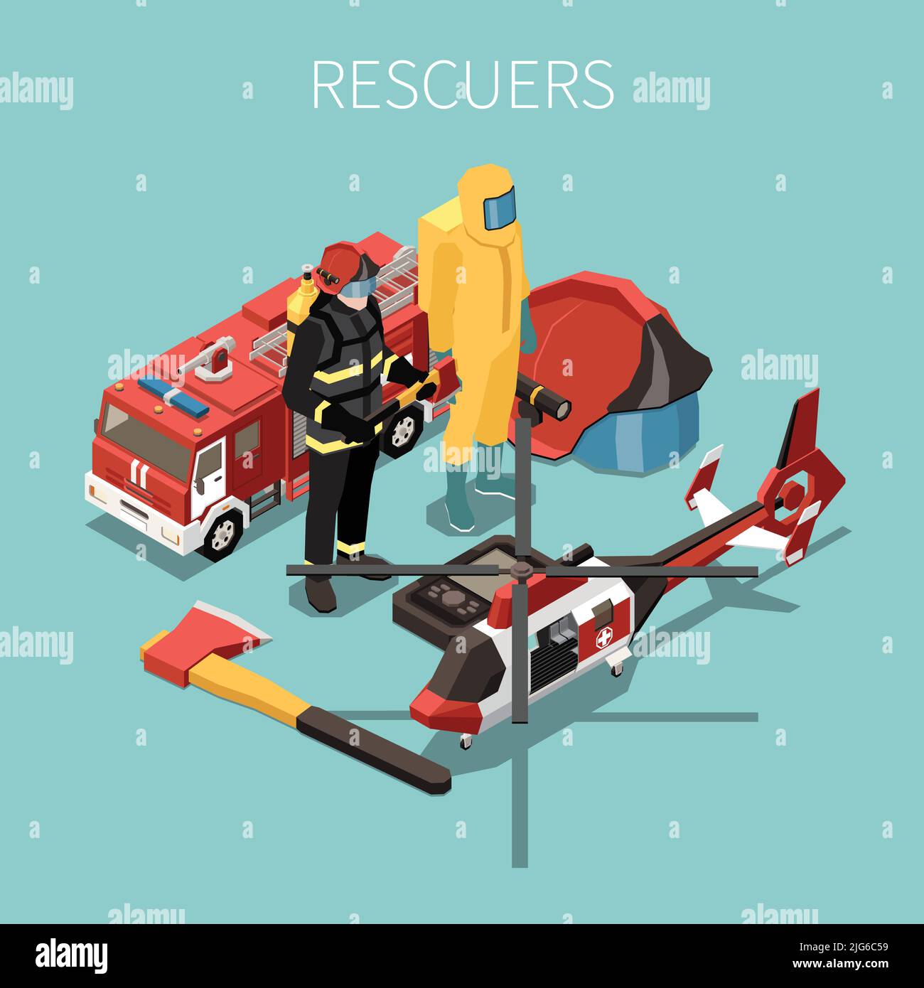 Rescuers isometric background with people in professional protective ...