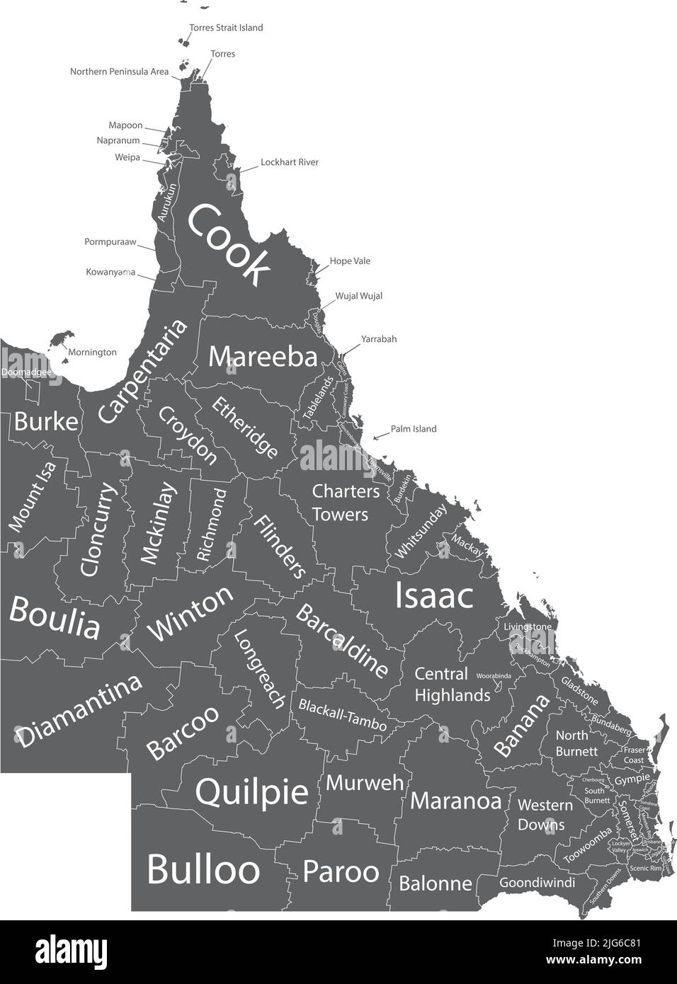 Dark gray tagged map of local government areas of QUEENSLAND, AUSTRALIA ...