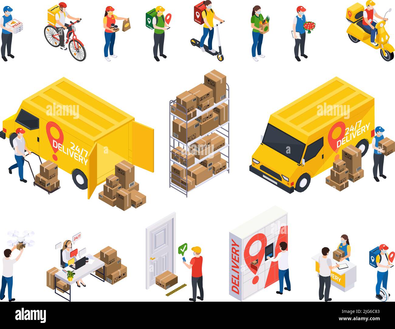 Delivery service isometric set of isolated icons characters of couriers ...