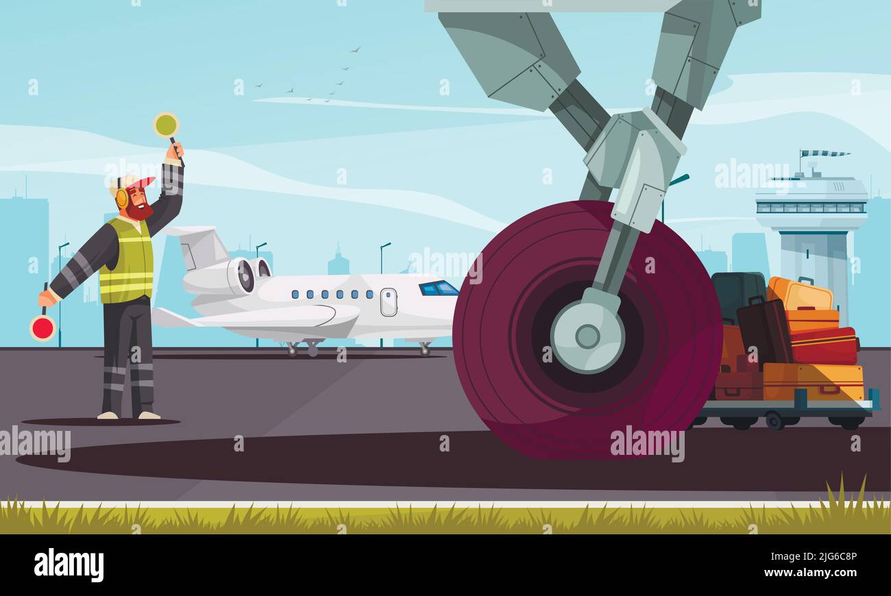 Airport airfield cartoon composition with marshaller signaling near ...