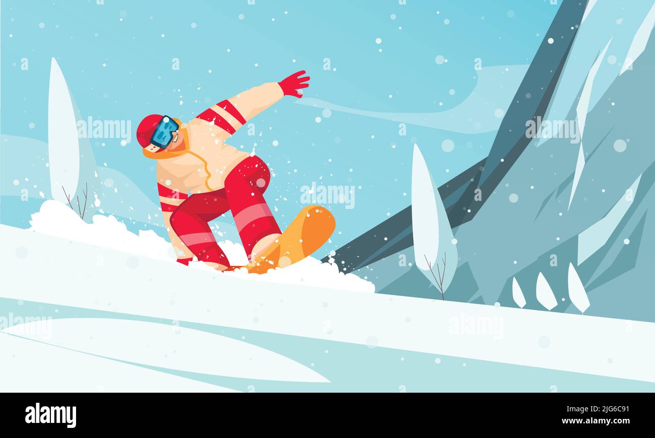 Winter vacation alpine ski resort cartoon composition with snowboarder ...