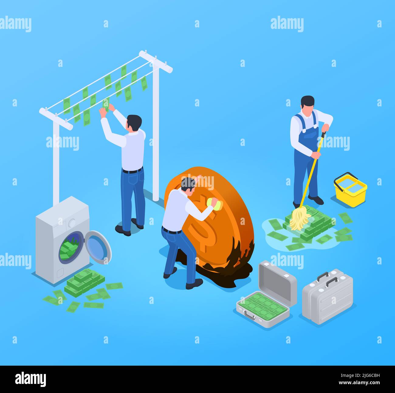 Corruption bribery money laundering isometric set filled with cash ...