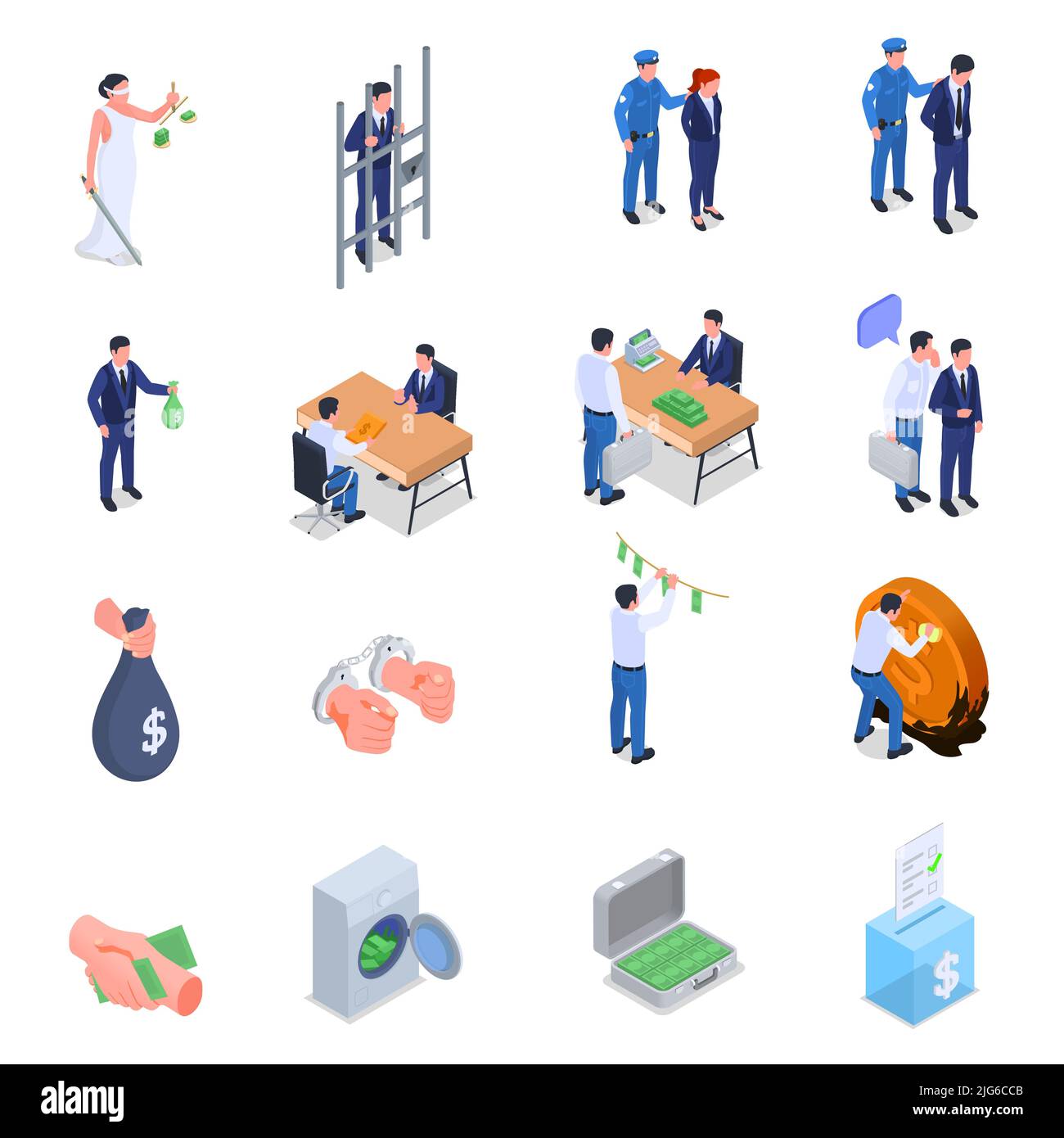 Corruption isometric icons set dirty money laundering hanging on ...