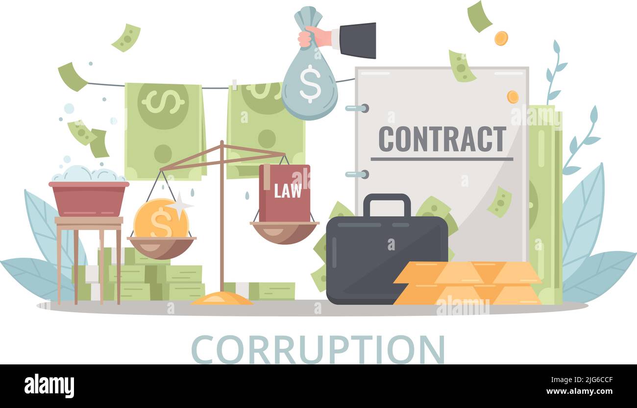 Corruption money laundering cartoon composition with banknotes drying ...