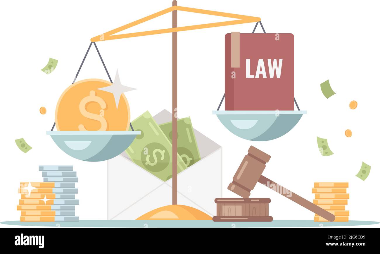 Corruption cartoon composition with law book and bribe money on justice ...
