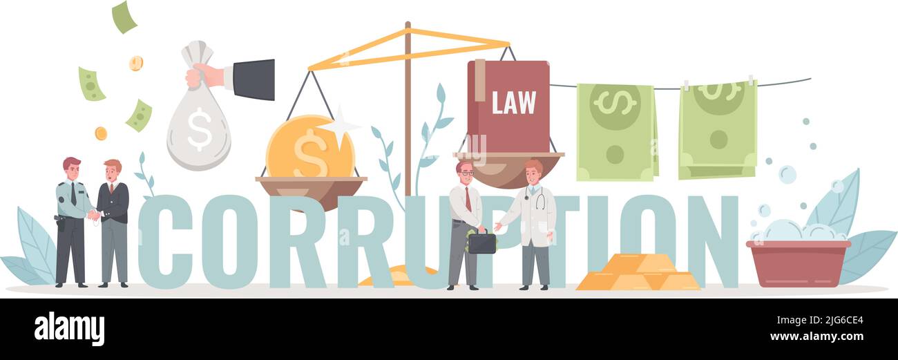 Corruption money laundering cartoon lettering title with hand holding ...