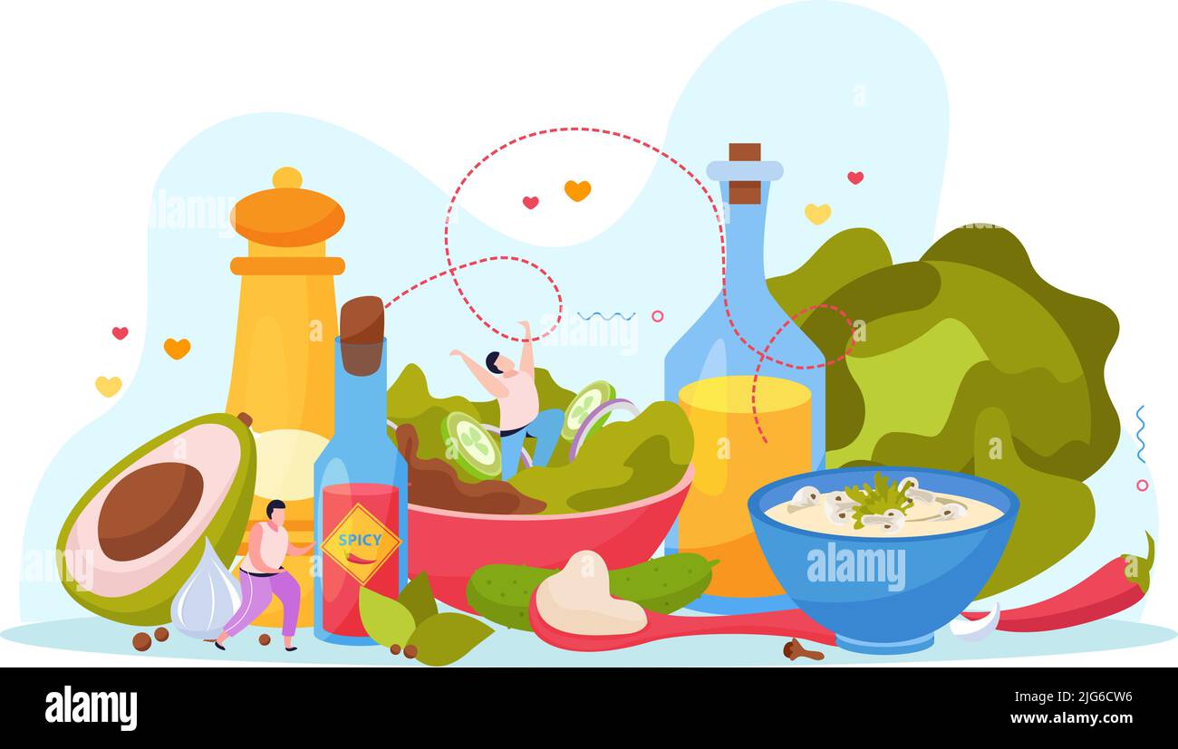 Spices concept flat colored composition with greens vegetables and ...