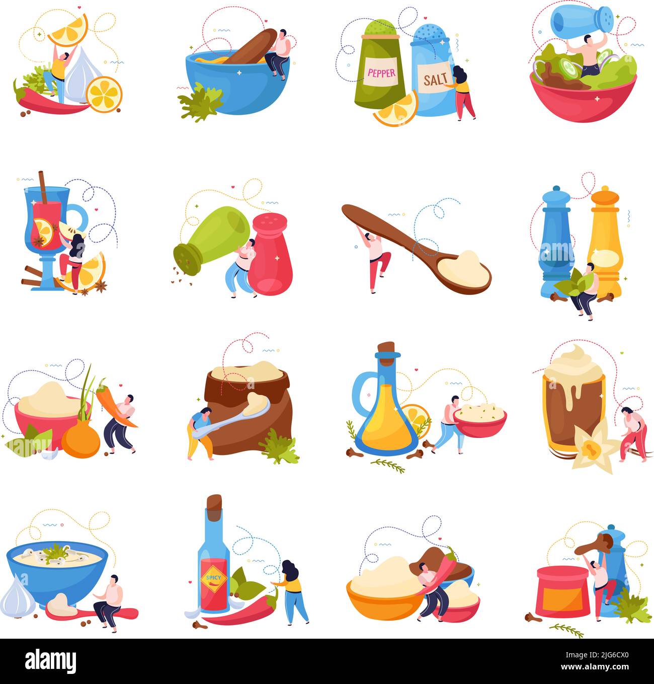 Spices assortment flat icons set with mini people characters adding to ...