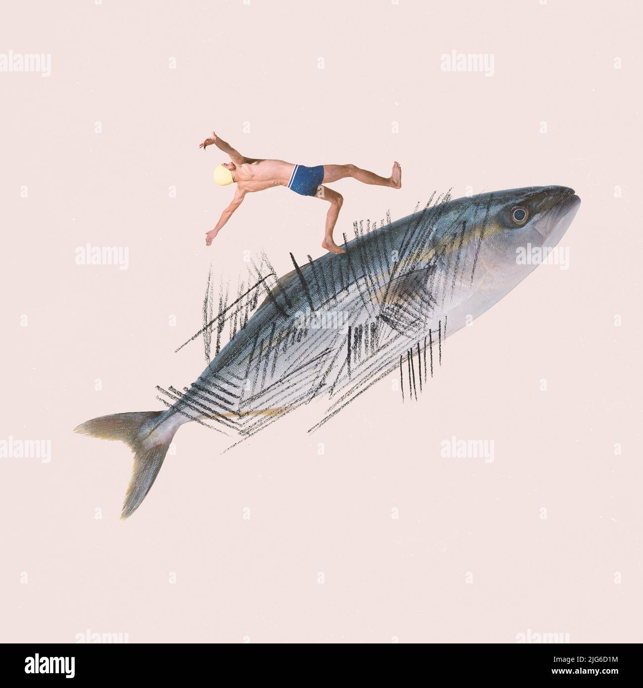 Contemporary art collage. Creative design with man in swimming cap ...