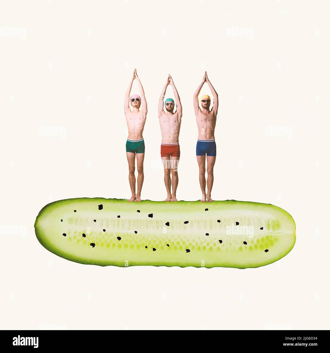 Contemporary art collage. Creative design. Three man in swimming suit ...