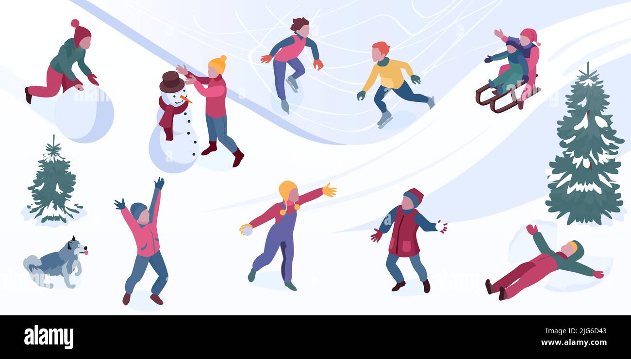 Children having fun during winter holidays making snowman snow angel ...