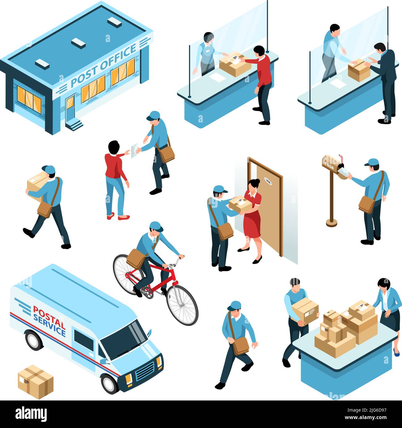 Post office isometric set with working staff postman courier ...