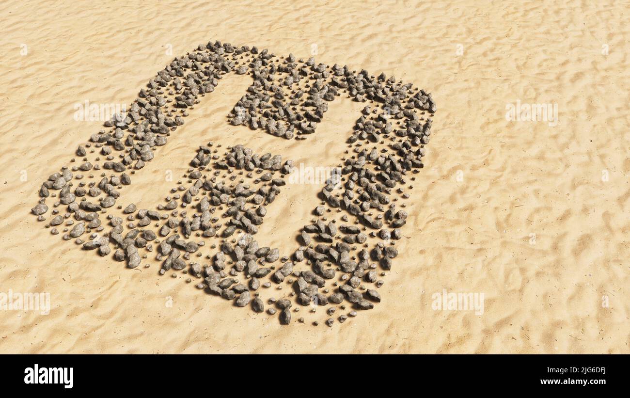 Concept conceptual stones on beach sand handmade symbol shape, golden ...