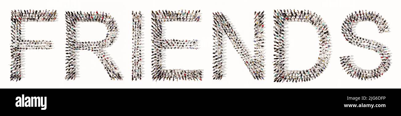 Concept conceptual large community of people forming FRIENDS word. 3d ...