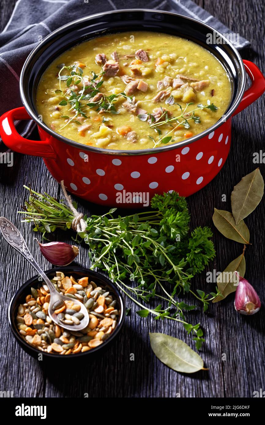 Finnish split pea soup Hernekeitto with ham on red pot with hot mustard ...