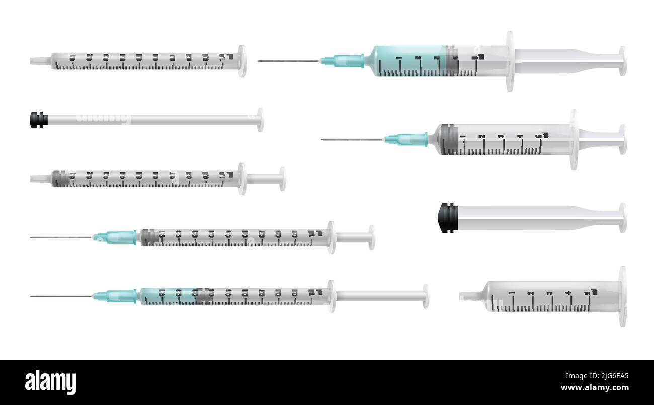 Medical tools realistic set of modern plastic syringes with drug and ...