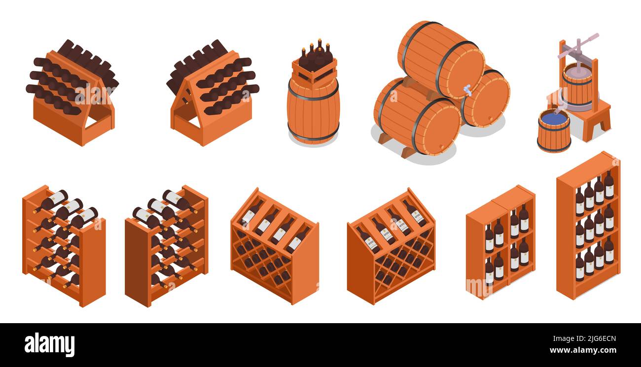 Isometric wine production set with grapes crusher wooden barrels and ...