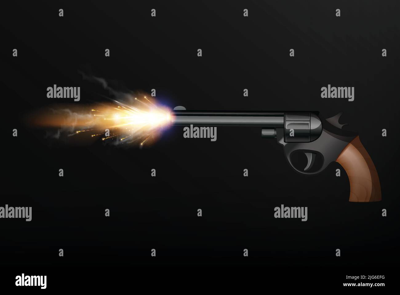 Realistic pistol shot flash with fire sparkles and smoke on black ...