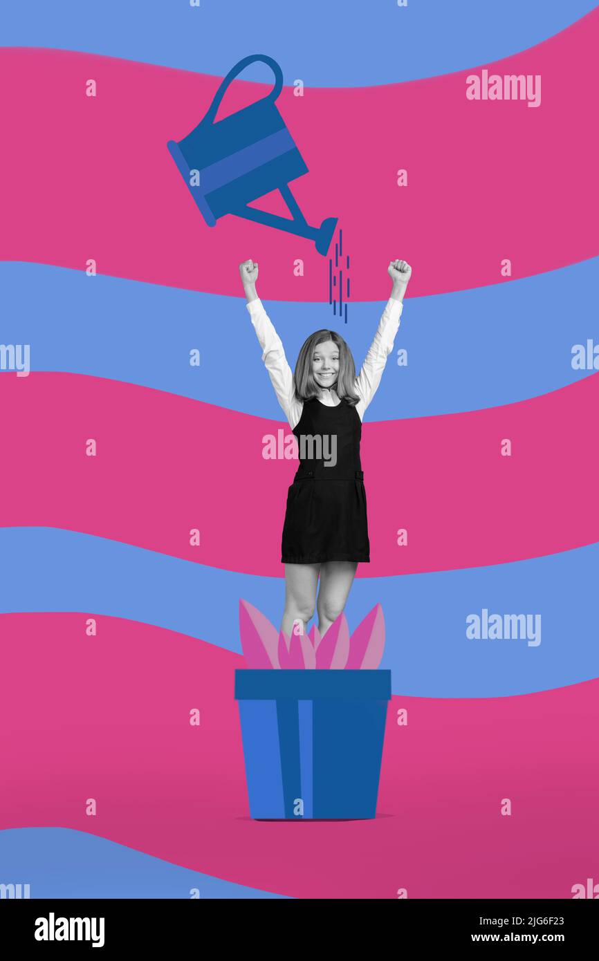 Vertical creative collage portrait of overjoyed positive small girl ...