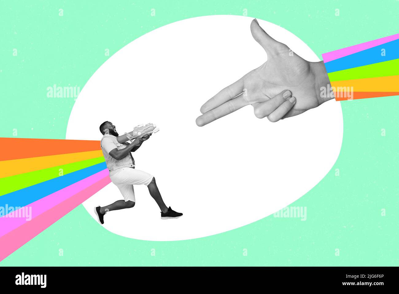 Creative collage image of excited guy hold watergun huge arm fingers ...