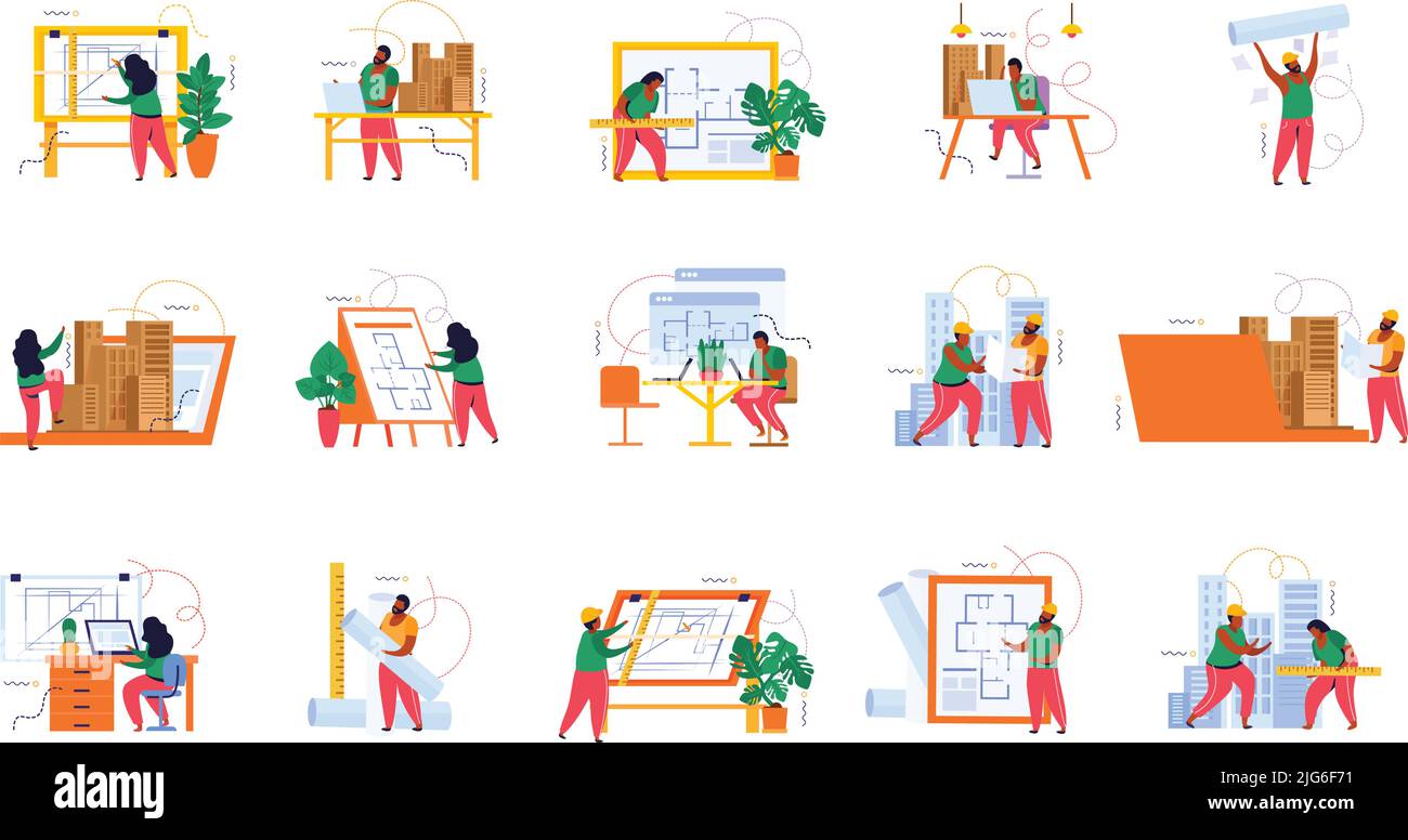 Architect flat icon set women and men at their desks drawing and ...
