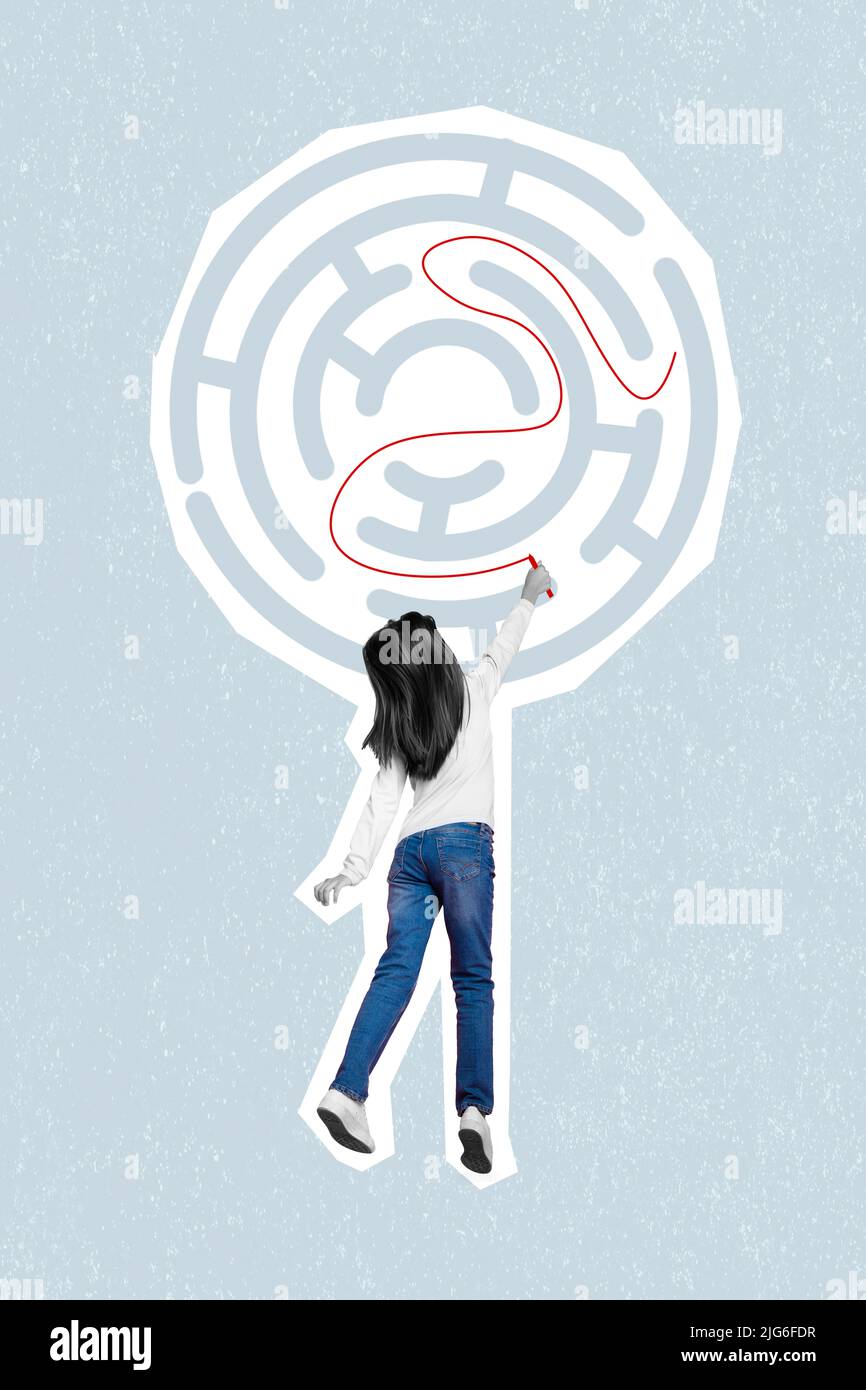 Vertical collage illustration of little girl hand drawing labyrinth ...