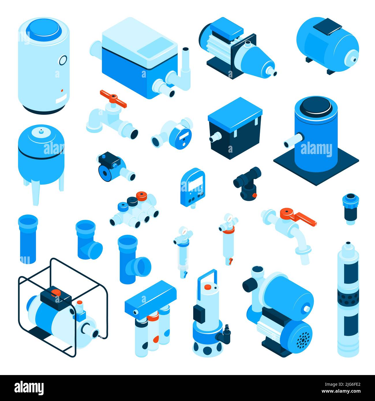Pumps machinery equipment set with water supply symbols isometric ...
