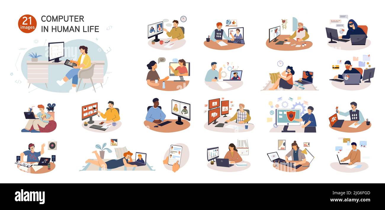Computer people set of flat isolated compositions with human characters ...