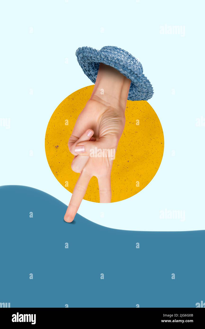 Vertical collage image of human hand upside down demonstrate v-sign ...