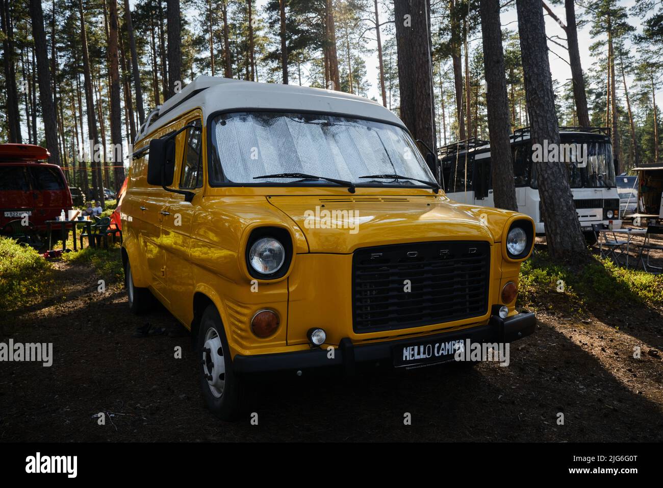 Leningrad Region, Russia - June 2022. The old stylish yellow shiny ...